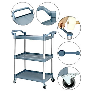QWORK Plastic Utility Cart with Wheels Lockable, 3-Tier Rolling Push Cart Bus Cart for Restaurant, Kitchen, Gray