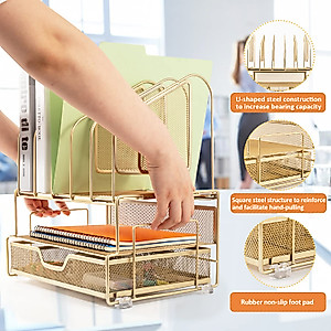 Beiz Gold Desk Organizer and Accessories Storage with 5 Vertical File Folder Holders, 2 Paper Tray, Drawer for Women Office, Home, Dorm, Workspace to Collect Office Supplies