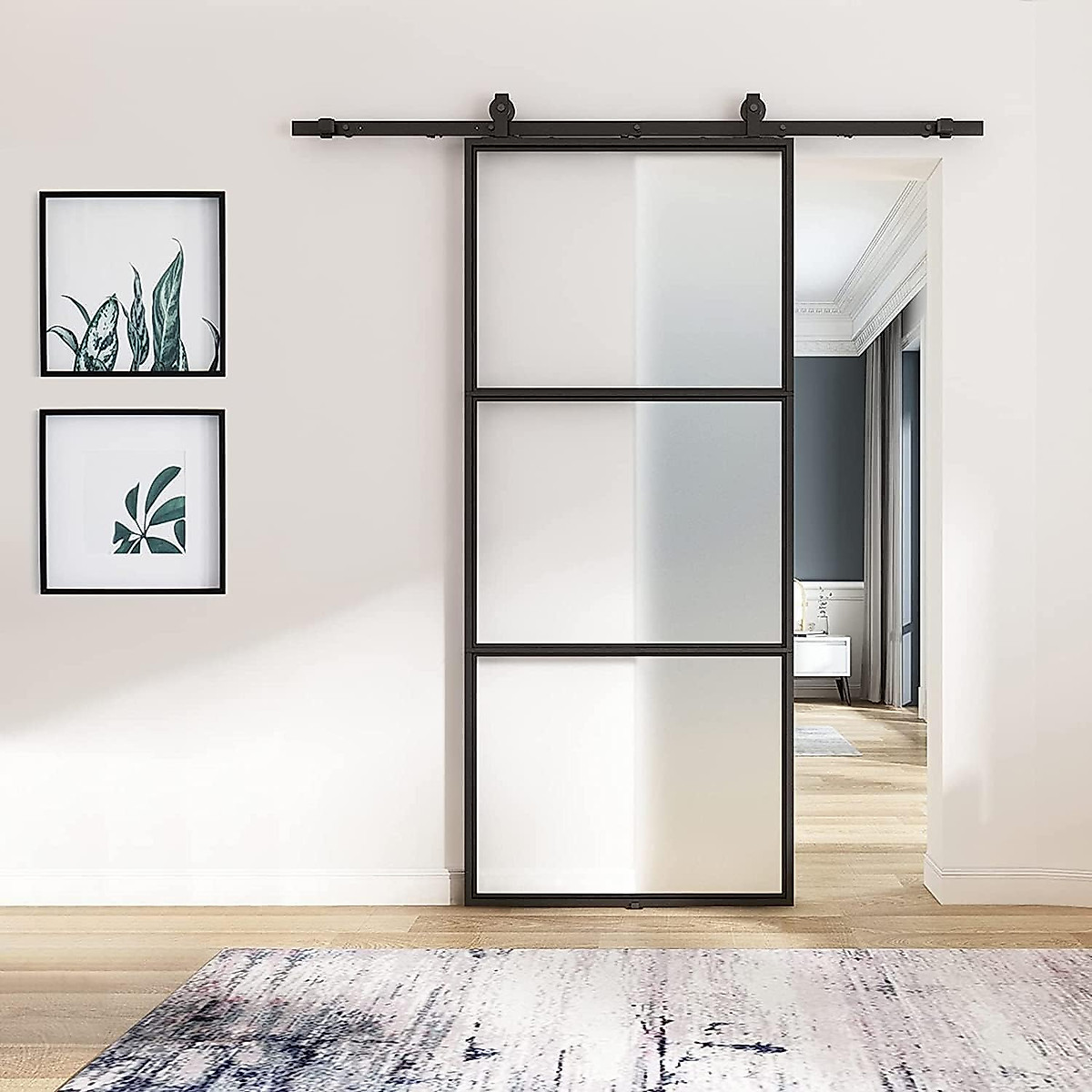 BARNSMITH 36in x 84in Frosted Glass Barn Door with 6FT Top Mounted Hardware kit Include Soft Close Mechanism Black Carbon Steel Tempered Frosted Glass Sliding Door, Assemble Required Easy Installation