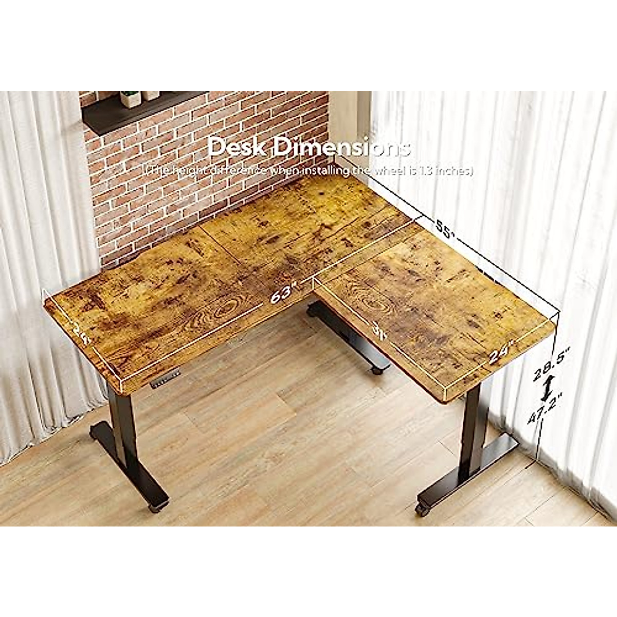 Claiks Triple Motor L Shaped Standing Desk, 63 x 55 inch Corner Stand Up Desk, Adjustable Height Desk with Splice Board, Black Frame/Rustic Brown Top