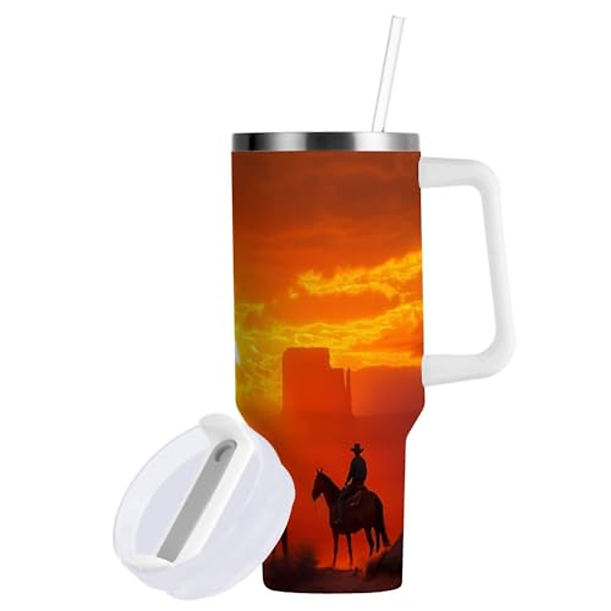 Jihqo Sunset Western Cowboys 40 oz Stainless Steel Vacuum Insulated Tumbler with Handle and Straw Lid, Leakproof Water Bottle Double Wall Travel Mug Coffee Cup, Cupholder Friendly