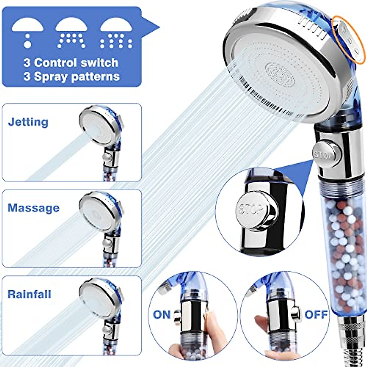 High Pressure Shower Head with Hose, REHAVE Water Saving RV Handheld Shower Head, Shower Sprayer, 3 Mode, Handheld Spray Showerheads for Dry Skin Hair Loss, Purifying Filtration Mineral Stone Beads