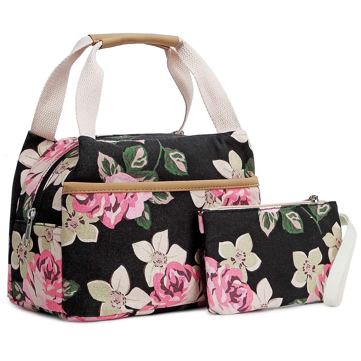 Canvas School Backpack Teens Backpack School Bag Backpack for School Book Bag set (Floral-black)