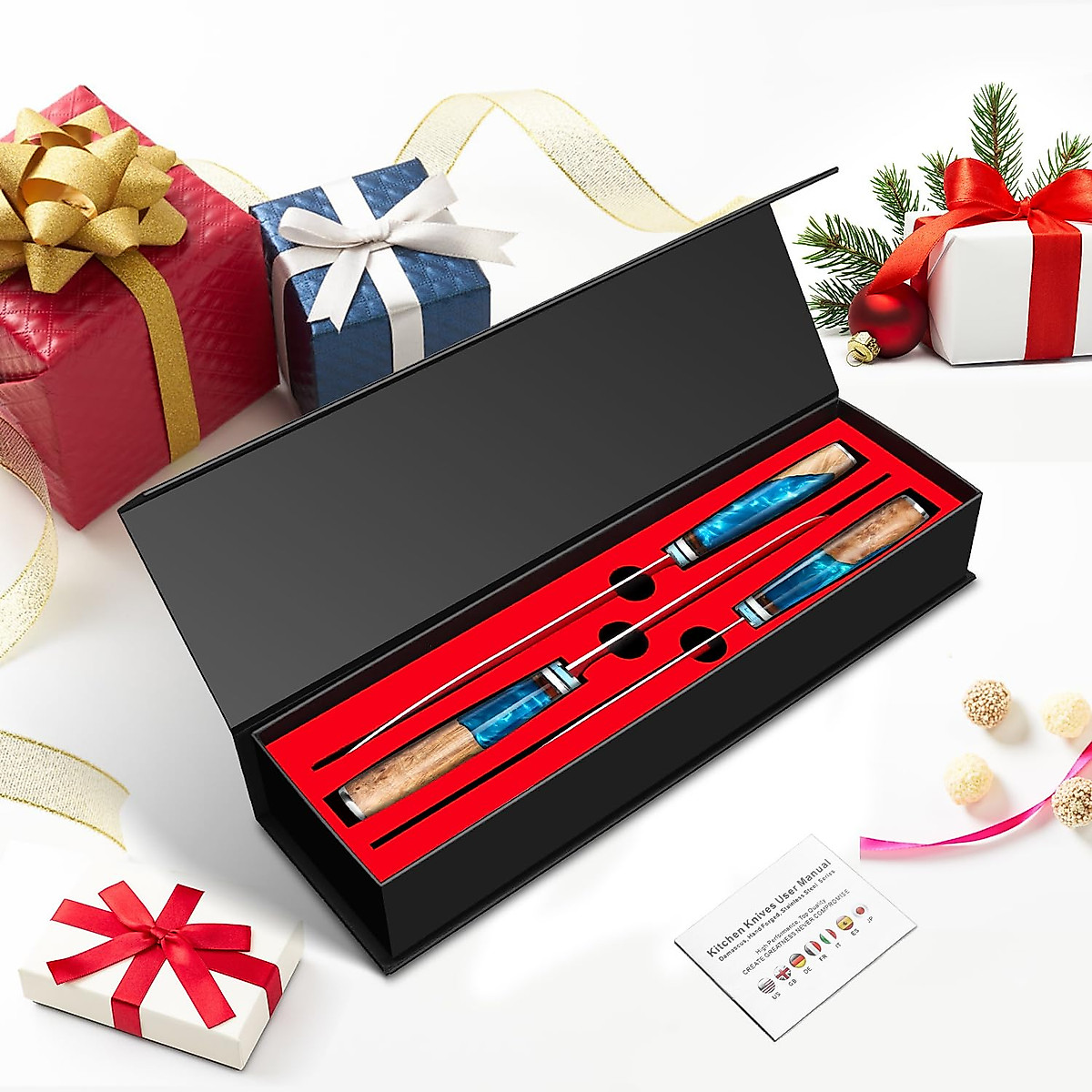 Chef Knife Set Damascus, 3PCS Professional Japanese VG10 Damascus Steel Kitchen Knife Set Chefs Knife, Paring knife, Santoku Knives, Chef Knife Set for Kitchen with Gift Box