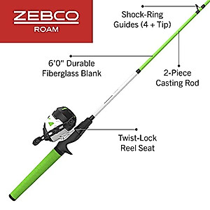 Zebco Roam Spincast Reel and Fishing Rod Combo, 6-Foot 2-Piece Fiberglass Fishing Pole with ComfortGrip Handle, QuickSet Anti-Reverse Fishing Reel, Pre-Spooled with 10-Pound Zebco Line, Green