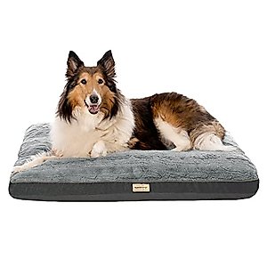 Pooch Planet Large Memory Foam Mix Dog Bed Plush & Textured Linen Mattress w/Removable Washable Cover - Gray, Large