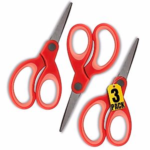 Kids Scissors Pointed Tip, Children Scissors, Craft Scissors, 5-inch, Red Two-Tone, 3 Pack