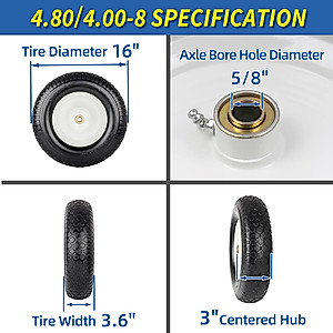 GICOOL 4.80/4.00-8" Wheelbarrow Tire, 16" Flat-Free Solid Tire and Wheel, 3-6" Centered Hub, 5/8" & 3/4" Bearing, For Broadcast Spreader Garden Wagon Cart Trolley Dolly Lawn Mover (1 Pack)