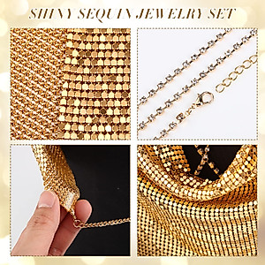 SATINIOR Shiny Tank Top for Women Crystal Body Neck Chain Sequin Tops with Nipple Pasties Double Sided Tape Party(Gold)