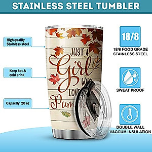 ZOXIX Just A Girl Who Loves Pumpkin Tumbler With Lid 20oz Vintage Autumn Coffee Mug Stainless Steel Cup Fall Leaves Pumpkin Themed Gifts For Women Halloween Farm Girl Tumblers