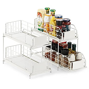 MOOACE 2 Tier Pull Out Cabinets Organizers and Storage, 2 Pack Multi-Purpose Slide-Out Under Sink Cabinet Organizer Shelf Baskets for Kitchen Bathroom Pantry Cabinet/Countertop, White