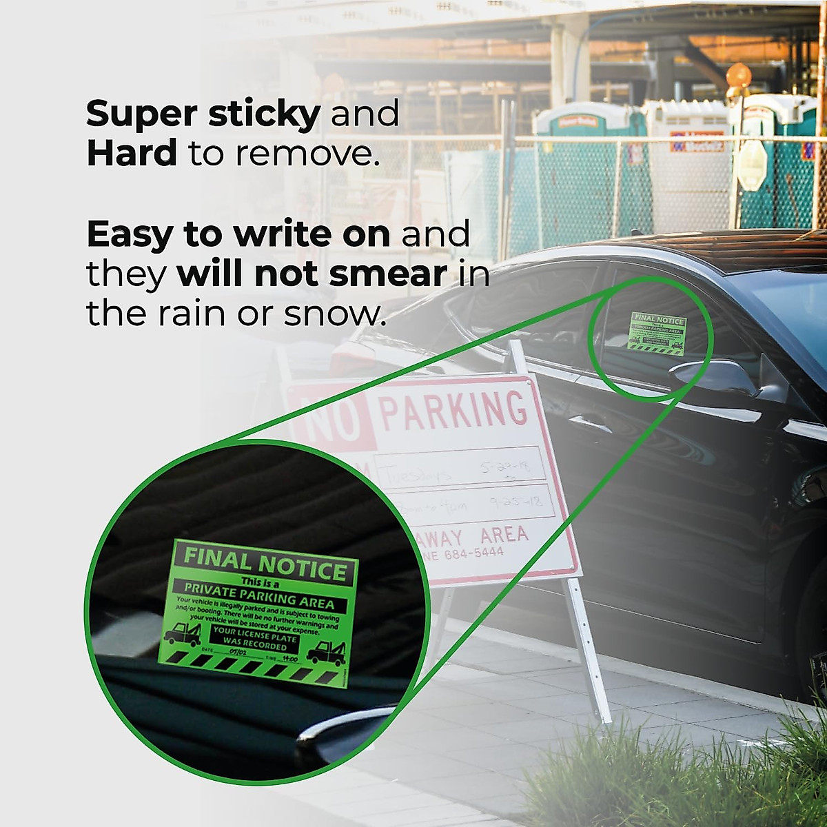 100 MESS Parking Violation Stickers Hard to Remove - No Parking Stickers - Bad Parking Stickers - Super Sticky Warning Stickers for Towing Parked Cars 8x5 in (Green Final Notice, 100)