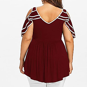 Women's Plus Size Tiered Lace Appliques Cold Shoulder V-Neck T-Shirt Tops Shirt(Red, XXXXXL)