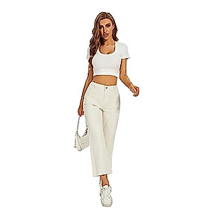 DECIVI Women Straight Leg Capris Jeans Mid Rise Cropped Pants Stretchy Ankle Length with Pockets White