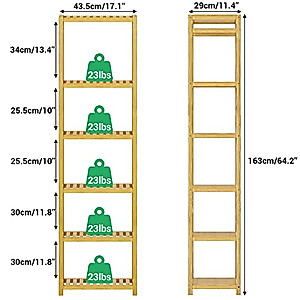 VIAGDO Bamboo Bathroom Shelf 6-Tier, 64.2" Height Narrow Shelving Unit, Multifunctional Storage Rack, Plant Stand Wood Corner Shelf for Kitchen, Livingroom, Hallway, Bathroom Storage Organizer Shelf