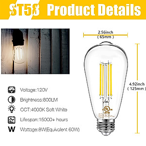 DAYBETTER 12 Pack Vintage LED Edison Bulbs, E26 Led Bulb 60W Equivalent, Dimmable Led Light Bulbs, High Brightness 800 LM Neutral White 4000K, ST58 Antique Filament Bulbs, Clear Glass Style for Home