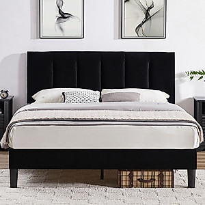VECELO Queen Bed Frame with Upholstered Headboard, Platform Mattress Foundation with Strong Wooden Slats Support, No Boxing Spring Needed, Easy Assembly, Black