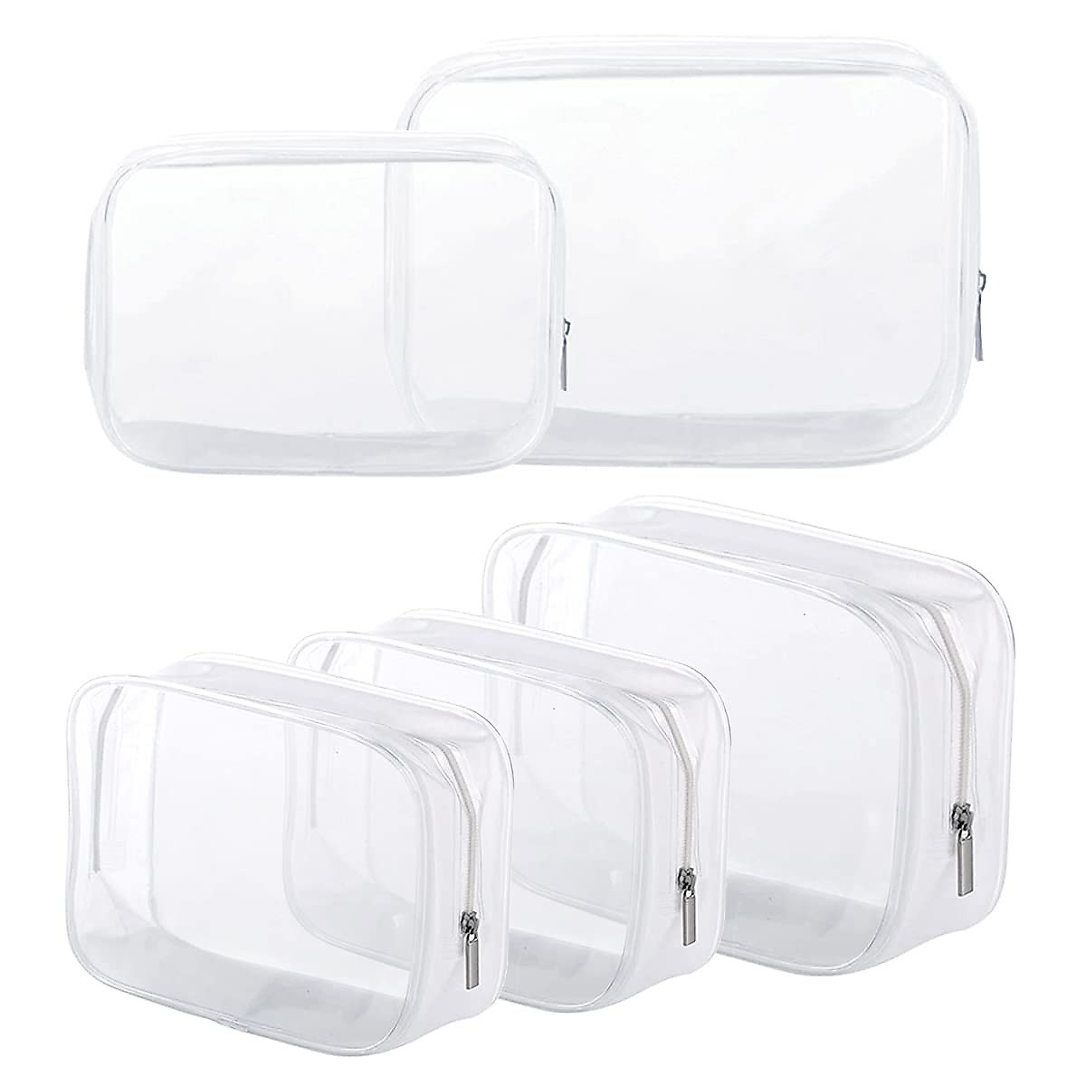 5 Pack Clear Plastic Zippered Toiletry Carry Pouch TSA Approved Toiletry Bag Portable Cosmetic Makeup Bag for Vacation, Bathroom and Organizing (White, Small/Large)