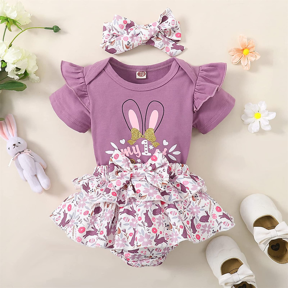 Sinhoon My 1st Easter Baby Girl Outfits Newborn Letter Romper+Bunny Ruffled Shorts+Headband 3Pcs Clothes(Purple,3-6M)