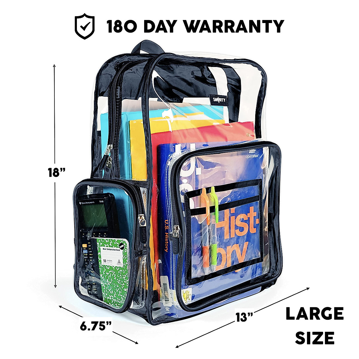 SMARTY Large Heavy Duty Clear Backpack V6 Durable Transparent See Through Bag (Black)