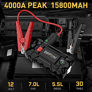 BRPOM Car Jump Starter, 4000A Peak 15800mAh (up to 7.0L Gas or 5.5L Diesel Engine, 30 Times) 12V Auto Booster Battery Pack Jump Box with Quick Charger Smart Jump Cables