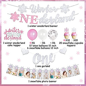 Winter Onederland Birthday Party Decorations Girl Pink Wonderland Snowflake 1st Birthday Party Supplies with Snowflake Photo Banner Winter Onederland Banner Cake Topper