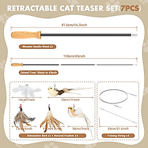 ROSAUI Cat Teaser Wand Toys, Interactive Bird Toys for Indoor Kittens, 43’’ Long cat Fishing Pole Toys, 2pcs Wires and 5pcs Natural Refills, Sustainable Wooden Handles, Exercising, Playing