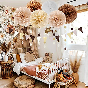 Boho Baby-Shower White-Brown Champagne Party-Decorations - 28pcs Neutral Birthday Wedding Bridal Tissue Pom Poms Streamers, Fall Autumn Christmas Tassel Garland Banner, Engagement Decor Ouruola