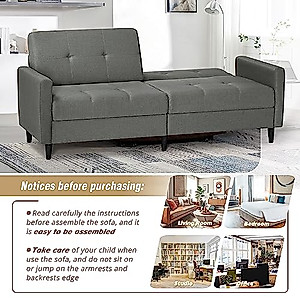 77" Modern Linen Fabric Futon Sofa Bed with Adjustable Backrest & Solid Wood Legs, Convertible Loveseat Couch Sleeper Sofabed 3 Seats Sofa for Small Space (Grey)