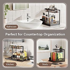 2 Pack Under Sink Organizers and Storage, UINOFLE 2 Tier Sliding Cabinet Organizer Drawer with 8 Hooks Adjustable Depth Pull Out Cabinet Organizer Multi-Purpose Organizer for Bathroom Kitchen (Black)