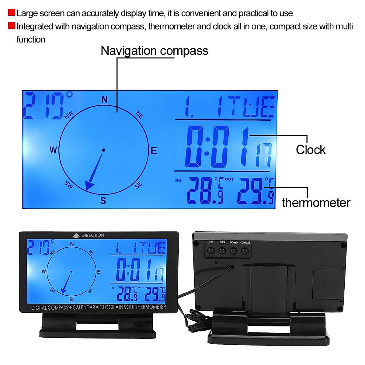 Digital Car Thermometer, CD60 Multifunctional Digital Car Automobile Thermometer Gauge with Time Navigation Function