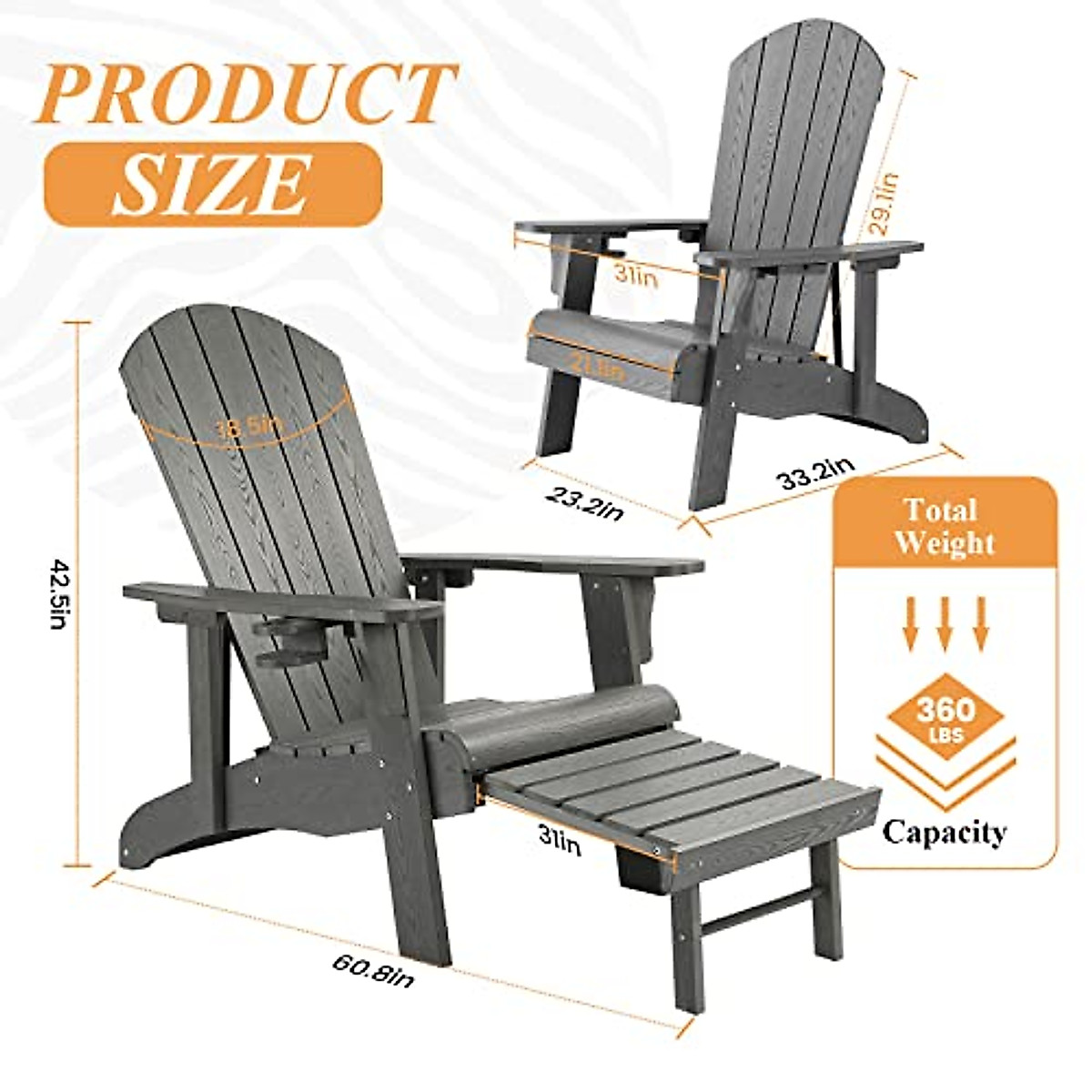 Leteuke Adirondack Chair with Ottoman, Oversized Adirondack Chair with Adjustable Backrest and 2 Cup Holder, Weather Resistant Adirondack Chair for Patio, Outdoor, Fire Pit, Garden, Deck, Dark Gray