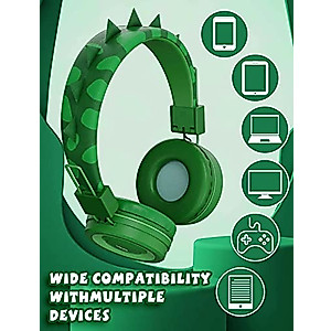 SIMJAR Dinosaur & Cat Ear Kids Headphones with Microphone for School, Volume Limiter 85/94dB, Wired Girls Headphones with Foldable Design for Online Learning/Travel/Tablet/iPad