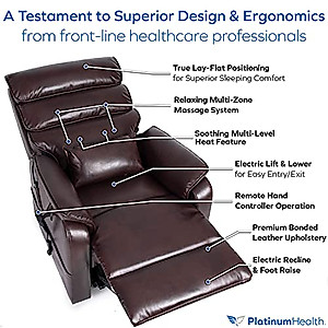 FirstClass™ Sleep-to-Stand Lift Chair 2.0, Sleeper Chair for Sleeping, Relaxation, Lay-Flat Recliner, 2 Motor for Independent Back and Foot Adjust, Recliner Massage Chair with Heat Included, Brown