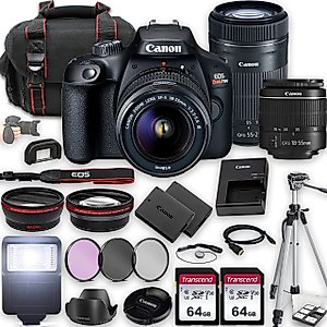 Canon EOS Rebel T100 DSLR Camera w EF-S 18-55mm f/3.5-5.6 III Lens + EF-S 55-250mm f/4-5.6 is STM Lens + 2X 64GB Memory + Case + Filters + Tripod + More (35pc Bundle) (Renewed)