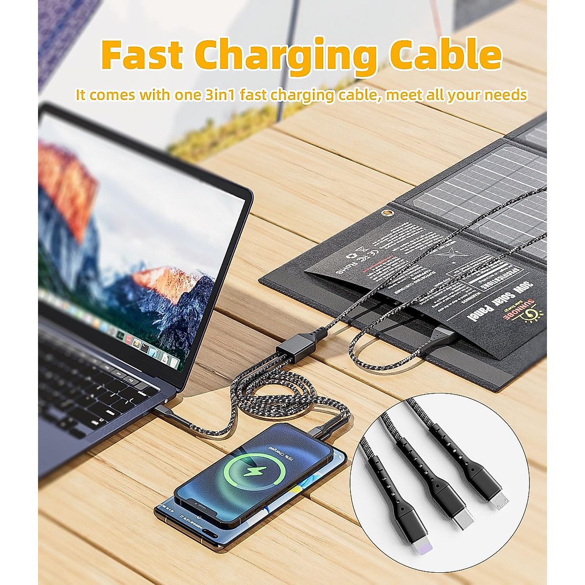 [Lightweight Upgraded]SUNNOBE Portable Solar Panel with 3-IN-1 Cable, Dual USB-A Ports, Foldable 30W Solar Panel Charger with Digital Ammeter for Camping&Hiking, Compatible with iPhone, iPad, Samsung