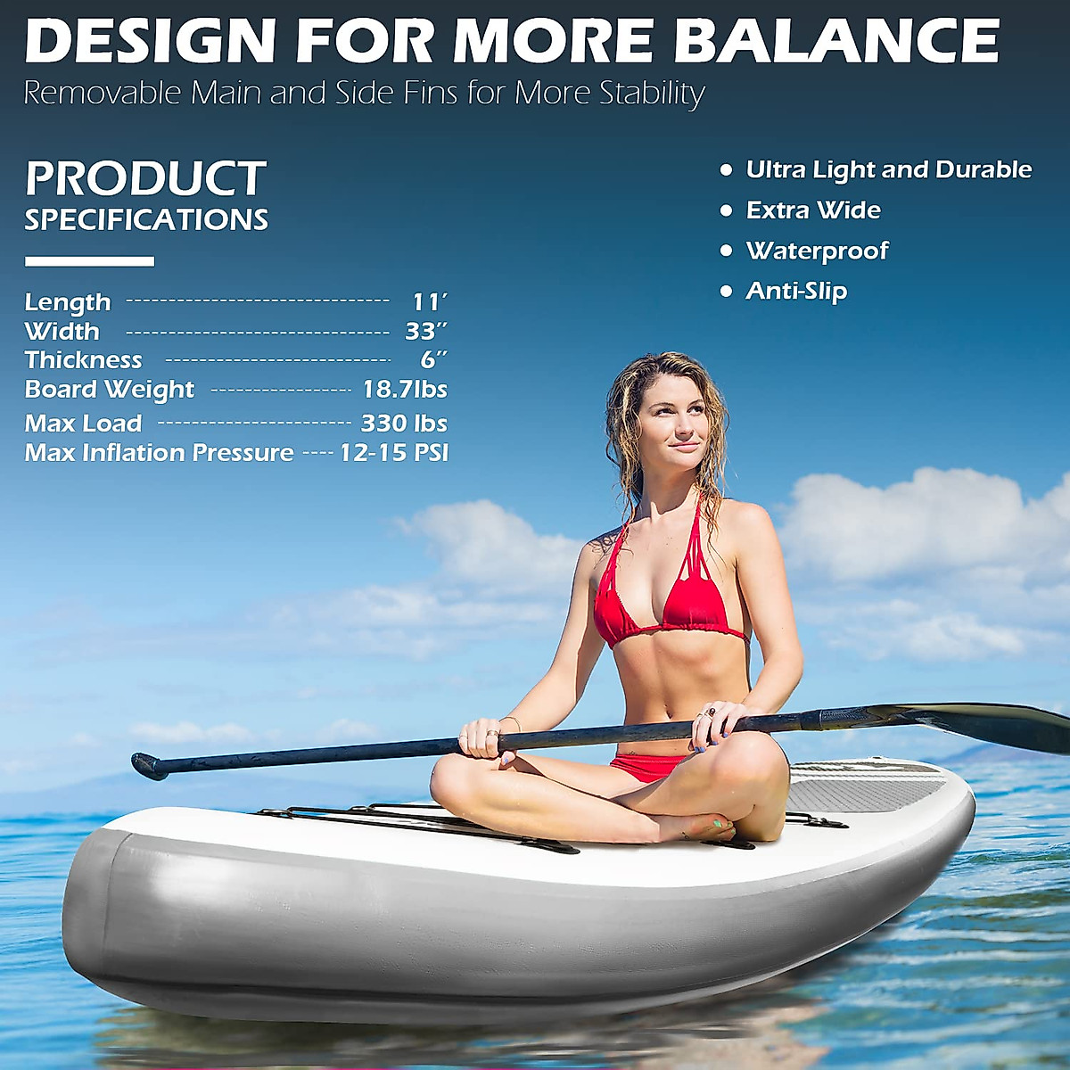 ADVENOR Paddle Board 11'x33 x6 Extra Wide Inflatable Stand Up Paddle Board with Hand Pump,Leash, Adjustable SUP Paddle/Kayak Paddle,Kayak Seat, 2 Fishing Mounts for Family and Fishing