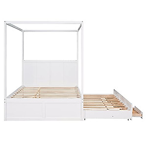 Harper & Bright Designs Queen Canopy Bed with Trundle and Three Storage Drawers, Solid Wood 4-Post Canopy Platform Bed Frame with Headboard and Slat Support, No Box Spring Needed (Queen Size, White)