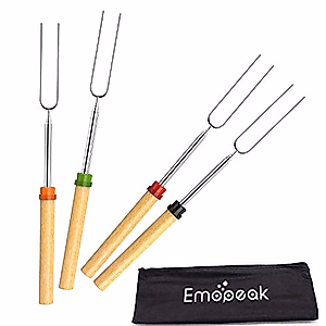 Emopeak Marshmallow Roasting Sticks 4 Pack, Roasting Sticks with Wooden Handle 32 Inch Extendable BBQ Forks Telescoping Smores Sticks for Fire Pit, Campfire