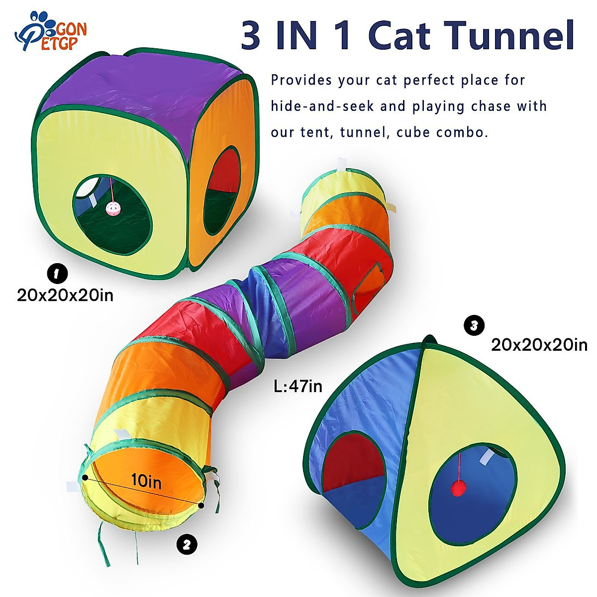 GONPETGP Cat Toys for Indoor Cats, Kitten Toys Set, Collapsible Pet Tunnel Cube Tent Toys, Interactive Cat Feather Teaser Wand Cat Bell Balls Fuzzy Ball Springs Mouse Toys for Cat Kitty (Rainbow)