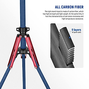 NEEWER Light Stand Carbon Fiber with 180° Reversible Legs, 1/4" to 3/8" Screw Adapter and Bag, 86.5"/220cm Portable Travel Tripod Stand for Outdoor Photography Speedlite Strobe Softbox, ST210R