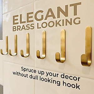 PHILIPCO - 6 Brass Bathroom Wall Hooks for Hanging Towels | Self Adhesive Wall Hooks for Shower Wall | Nailless Hooks for Shower Tile | Damage Free Hanging Hooks Multi Purpose [Stronger Adhesive]