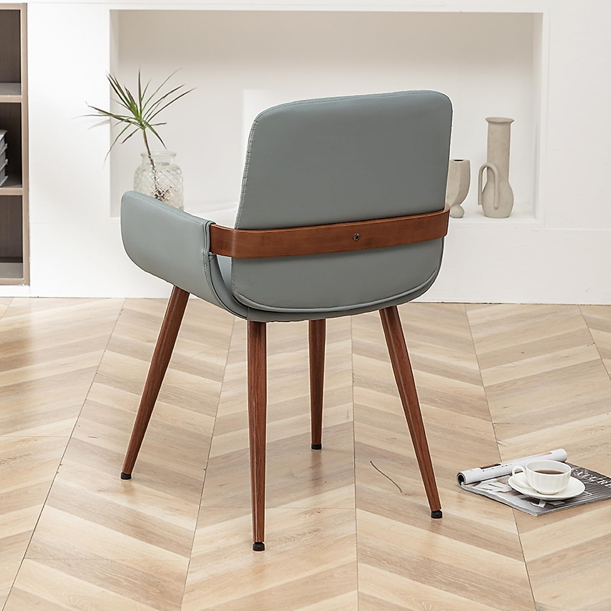 LUNLING Mid Century Modern Dining Room Chairs Set of 2 Accent Faux Leather Chair Bentwood Frame with Armrest,Upholstered Seat,Metal Legs Chairs,Adjustable Foot for Kitchen Room Desk Chairs(Blue)