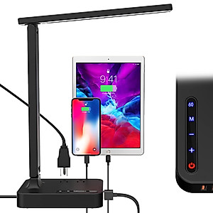 Wood LED Desk Lamp with 3 USB Charging Ports and 2 AC Outlets,3 Color Temperatures & 3 Brightness Levels, Touch/Memory/Timer Function,10W Eye Protection Foldable Reading Light,Office Table Lamp Wood