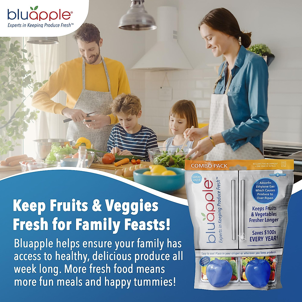 Bluapple Produce Saver Combo Pack - Keeps Fruits & Veggies Fresh in Refrigerator Crisper/Shelves, Lasts up to 3 Months, 8 Packets and 2 Bluapples for 1 Year, BPA Free Ethylene Gas Absorber, USA Made
