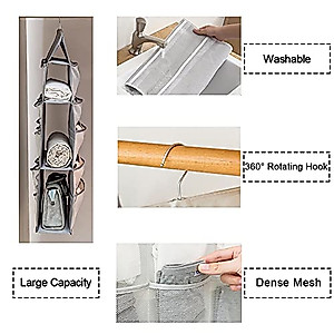 DOMEZO Dual-Sided Closet Hanging Organizer with Rotating Metal Hanger and Mesh Pockets for Underwear, Bras, Socks, Towels, Handbags, Stockings Storage, Oxford Hanging Bags (3+5+15 Pockets, Grey)