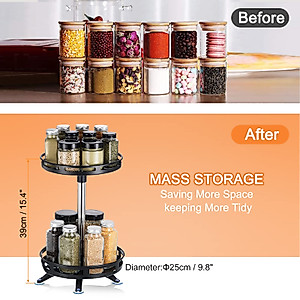 METALLIXITY Lazy Susan Turntable Organizer, 2 Tier Height Adjustable Kitchen Spice Rack, No-Slip Silicone Mat, Suitable for Pantry Cabinet Cupboard Table, Black