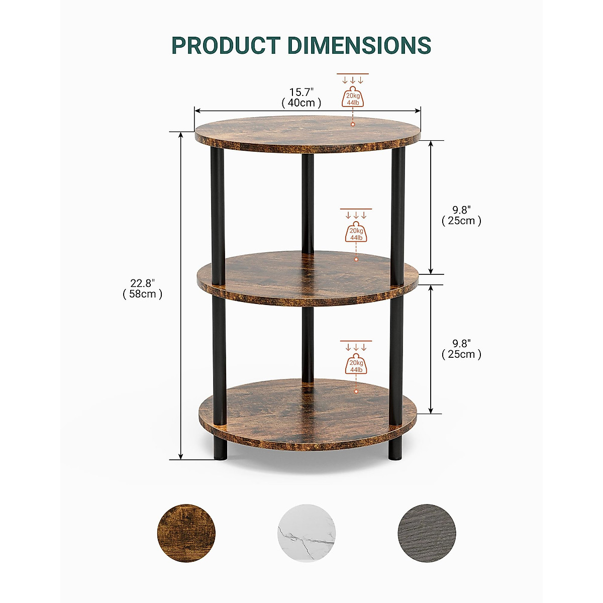 RISWER Round Side Table Living Room - Small Accent Table with 3 Tier Shelves, Rustic Wooden Couch End Table for Bedroom or Living Room, Reinforced Metal Legs, Easy to Assemble, Rustic Brown