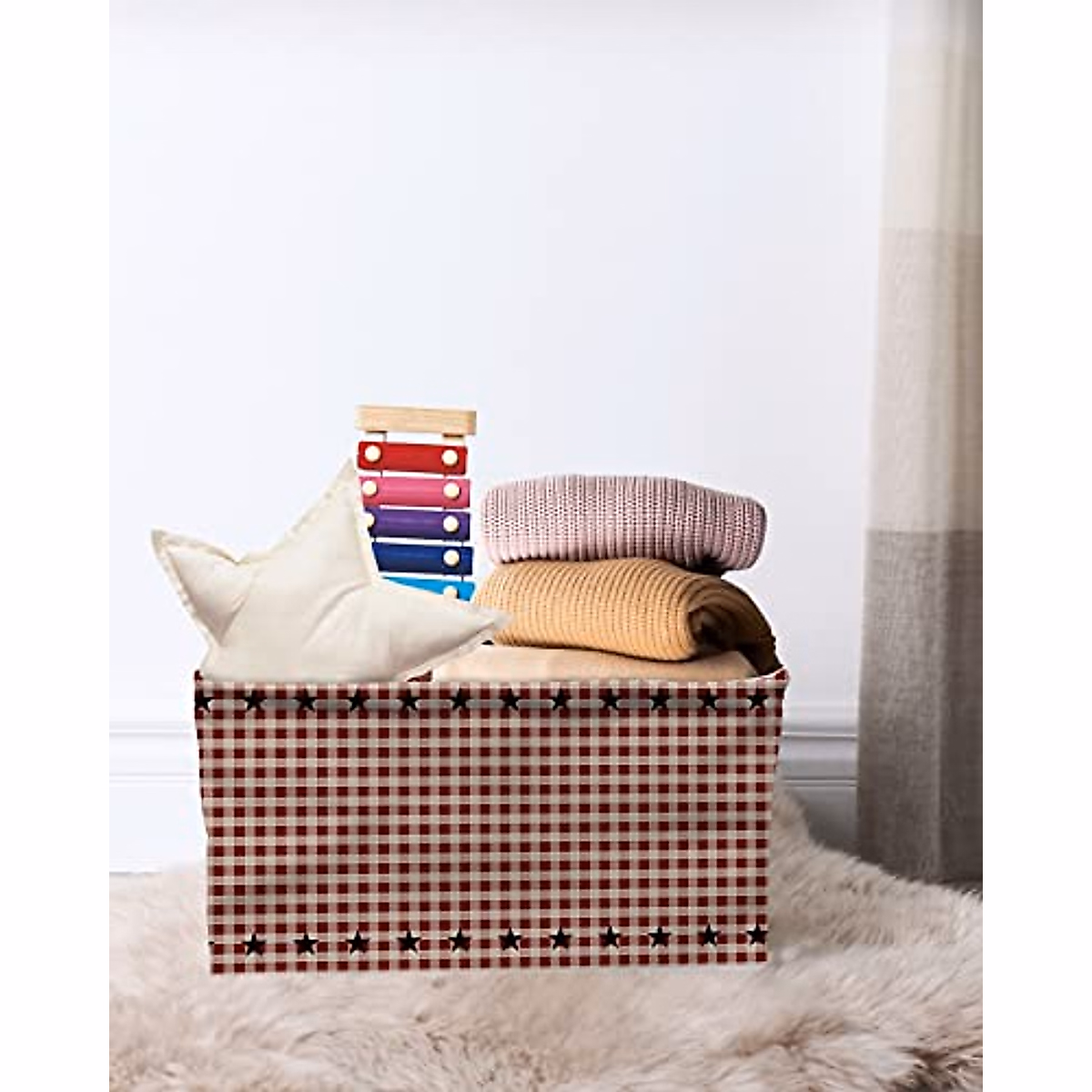 Country Star Storage Basket Waterproof Cube Storage Bin Organizer with Handles, Farmhouse Red Buffalo Plaid Rustic Collapsible Storage Cubes Bins for Clothes Books Toys 15"x11"x9.5"
