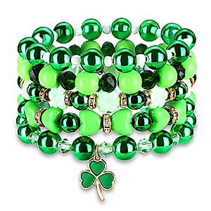 BSJELL 5 Pack Beaded Bracelet Stackable Christmas Thanksgiving St. Patrick’s Day Valentine's Day Beaded Stretch Bracelet Holiday Charm Bracelets Festive Jewelry Gifts for Women (Green)